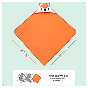 SYNPOS Baby Bath Towels, Newborn Hooded Baby Towel with 5 Baby Washcloths - Ultra Absorbent and Soft Cotton Hooded Bath Towel for Babie, Toddler, Infant - Unisex Hooded Baby Bath Towel