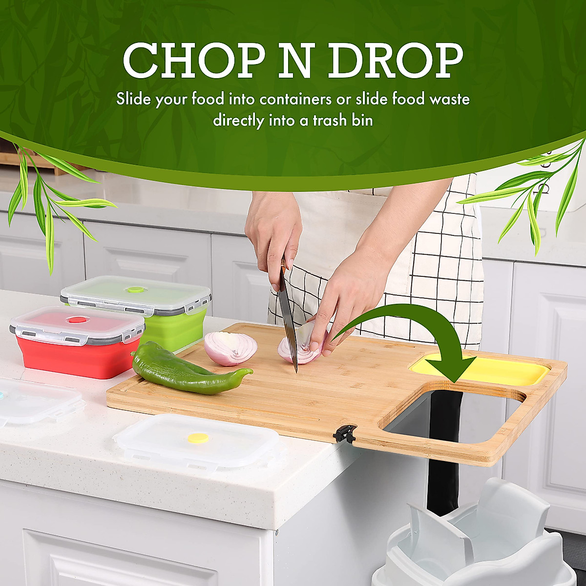 Slim Over Sink Cutting Board for Kitchen with 4 Color-Coded Collapsible Containers- Meal Prepdeck Station with Containers and Built-in Knife Sharpener (Original Containers)
