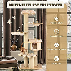 Tangkula Modern Cat Tree, Multi-Level Large Cat Tower w/Cat Condo, Hammocks & Hanging Basket, Tall Cat Tree w/Sisal Posts, Washable Cushions, Wood Cat Trees and Towers for Indoor Large Cats