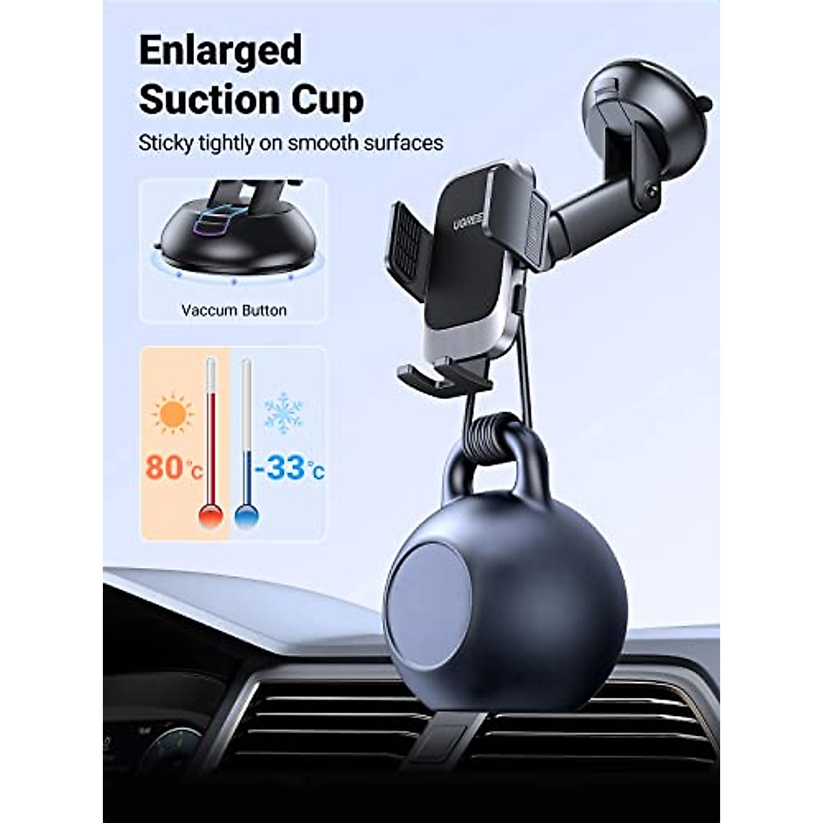 UGREEN Car Phone Holder Mount for Dashboard Windshield Air Vent 3 in 1 Universal Cell Phone Holder for Car Accessories Cradle Compatible with iPhone 14 13 12 11 Pro Max Smartphone, Strong Suction Cup