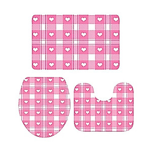 Valentines Day Bathroom Rugs Sets Love Heart Bath Mats Set with Toilet Lid Cover Non Slip Bathroom Mat, U-Shaped Contour Toilet Mat, Pink Buffalo Plaid Check 3 Piece Bathroom Rugs