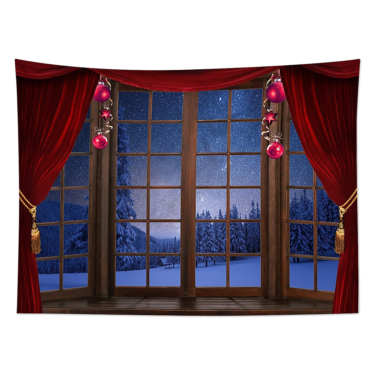 HVEST Winter Tapestry Wall Hanging Snowy Pine Tree Forest and Mountain Nature Landscape outside Window Tapestry for Bedroom, Christmas Night Tapestry for Living Room Dorm Decor, 51L X 59W inches