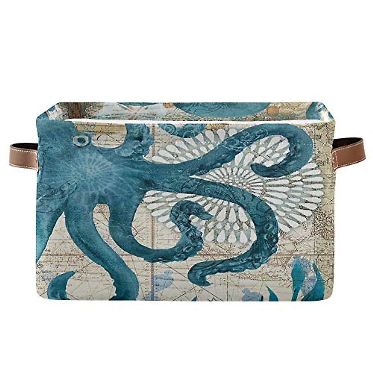 Glaphy Octopus Nautical Old Map Storage Basket Bin Foldable Nursery Toy Basket with Handles for Home Office Bedroom（Rectangular）