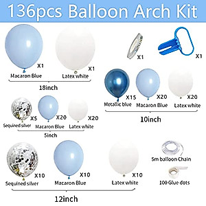 136 Pieces/PCS Blue Balloon Garland Arch Kit Metallic Blue White and Silver Confetti Latex Balloons for Baby Shower Birthday Wedding Graduation Bachelorette Anniversary Party Background Decorations