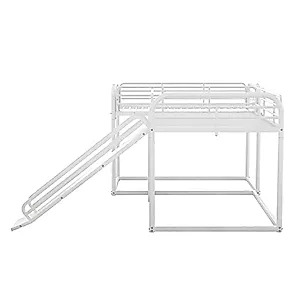 EOVTK L-Shaped Metal Bunk Bed for 4, Full and Twin Size Bunk Quad Bed Frame with Slide, Short Ladder and Safety Guardrail for Kids Teens Adults, White