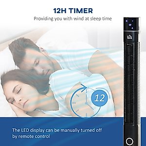 HOMCOM 47.25" Oscillating Tower Fan Cooling for Bedroom with 3 Speeds, Floor Fan with 12h Timer, LED Display, and Remote Control, Black