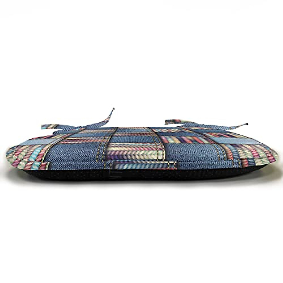 Lunarable Geometric Chair Seating Cushion Set of 2, Quilt Design with Scraps of Denim and Knit Graphic Colorful Melange Print, Seat Pads for Office with Anti-Slip Backing, 16"x16", Blue Multicolor