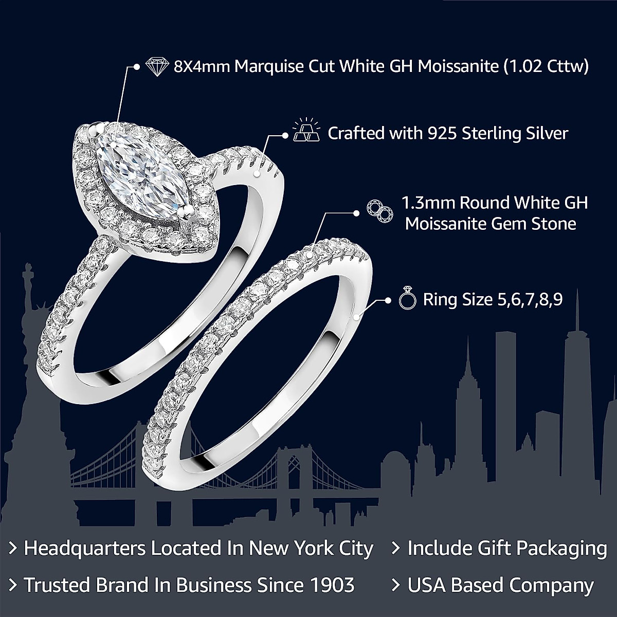 Gem Stone King 925 Sterling Silver White Moissanite Wedding Engagement Ring Band Bridal Set For Women (1.02 Cttw, Marquise Cut 8X4MM, Available in Size 5,6,7,8,9)