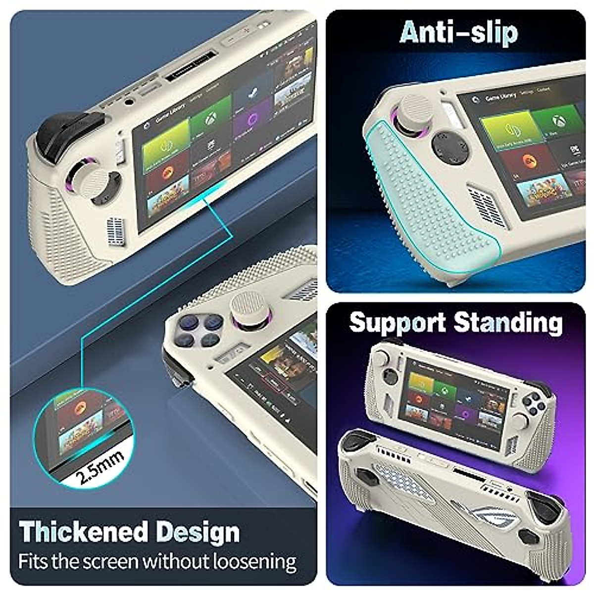SUIHUOJI for Rog Ally Stand Protective Case, Silicone Accessories Protector, Soft Cover Skin Shell with 2 Pairs Thumb Grips Caps, Full Protection Kickstand for ASUS Rog Ally Handheld (Off White)