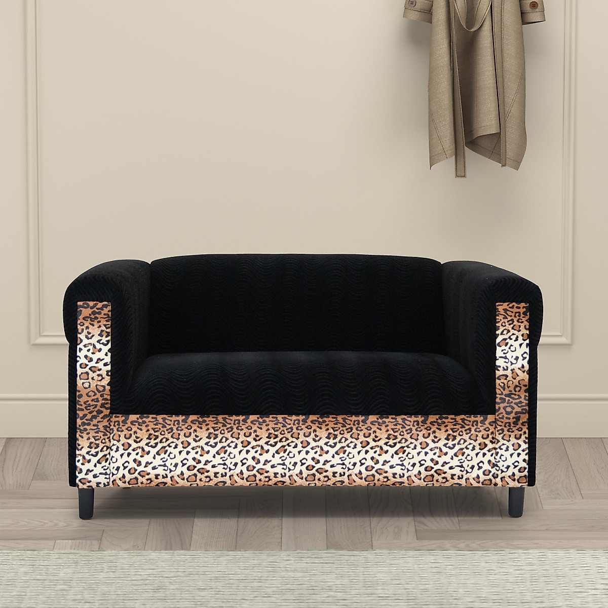 Coast to Coast Sofas Broadway Velvet Black Loveseat Sofa for Living Room with Leopard Print, Modern Décor Love Seat Mini Small Couches for Small Spaces and Bedroom with Solid Wood Frame