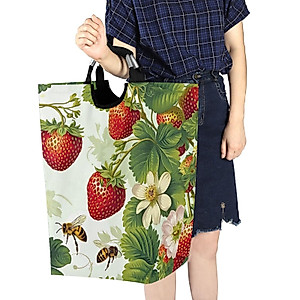 Kigai Collapsible Laundry Basket with Handles Strawberry Flower Large Waterproof Laundry Hamper Clothes Toys Organizer Portable Storage Bin for Nursery Home Decor