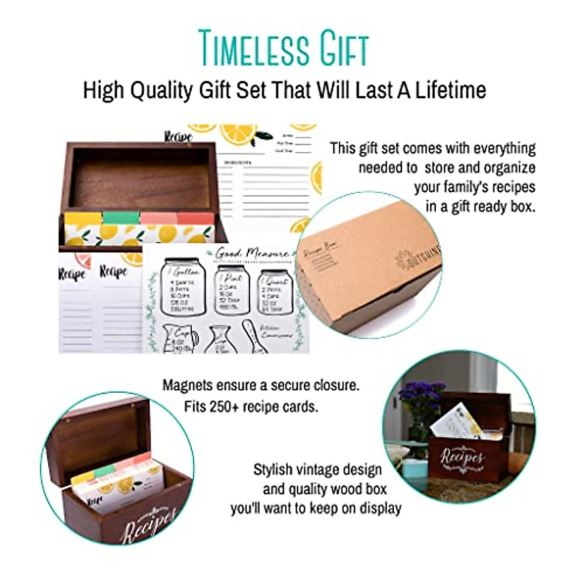 OUTSHINE Wooden Recipe Box with Cards and Dividers | Farmhouse Recipe Box with Card Dividers | Large Wood Recipe Cards and Box Set | Vintage Recipe Box Dividers 4x6 with Tabs | Best Recipe Box Holder