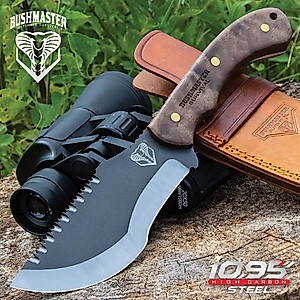 BUSHMASTER Tracker Knife and Leather Sheath - 1095 High Carbon Steel Blade, Full-Tang, Sawback, Wooden Handle Scales, Brass Pins, Lanyard Hole, Use for Survival and Outdoor Adventures - Length 11 3/4”