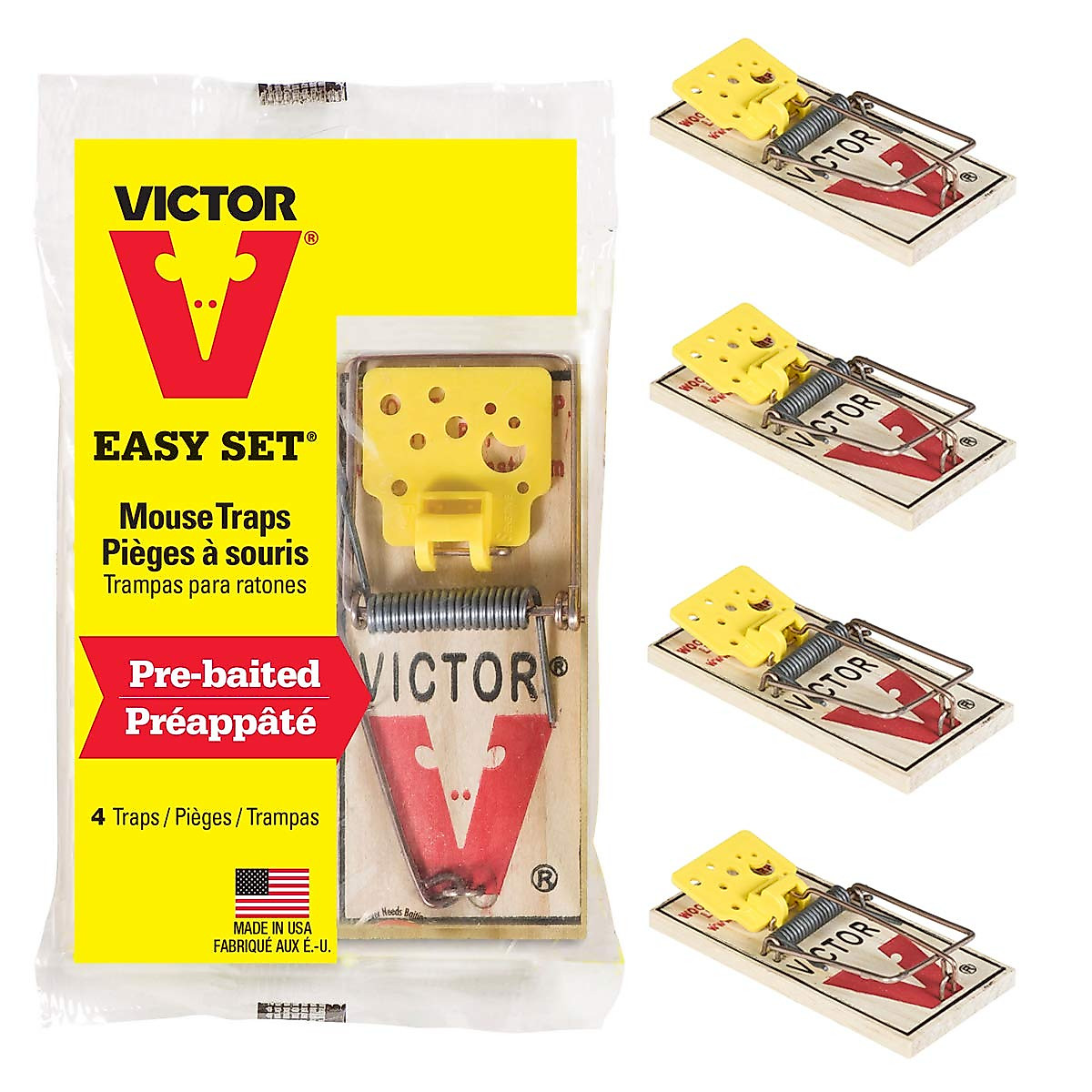 Victor Easy Set Mouse Trap 4 Pack M033 - Wooden Easy Set Mouse Trap - Prebaited