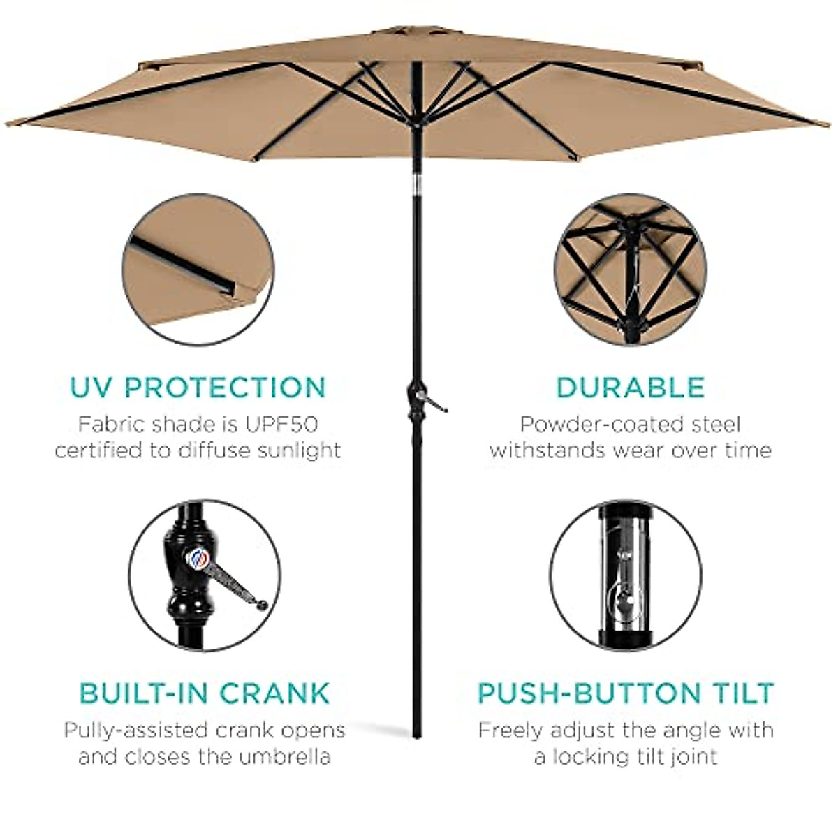 Best Choice Products 10ft Outdoor Steel Polyester Market Patio Umbrella w/Crank, Easy Push Button, Tilt, Table Compatible - Tan