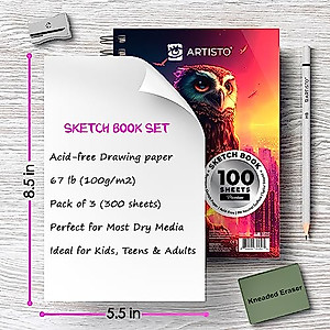 ARTISTO 5.5X8.5” Premium Sketch Book Set, Pack of 2 (200 Sheets), 68lb (100g/m2), Spiral Bound, Acid-Free Drawing Paper, Perfect for Most Dry Media
