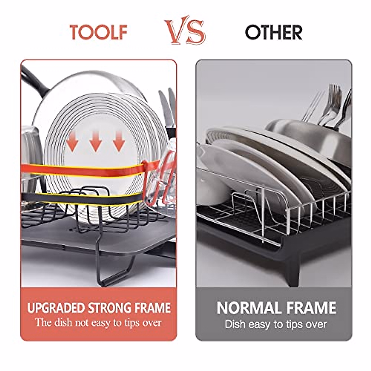 TOOLF Dish Drying Rack, 360° Swivel Spout Design Dish Rack with Drain Board for Kitchen Counter, Rust-Proof Dish Rack with Utensil Holder and Cup Holder for Tableware