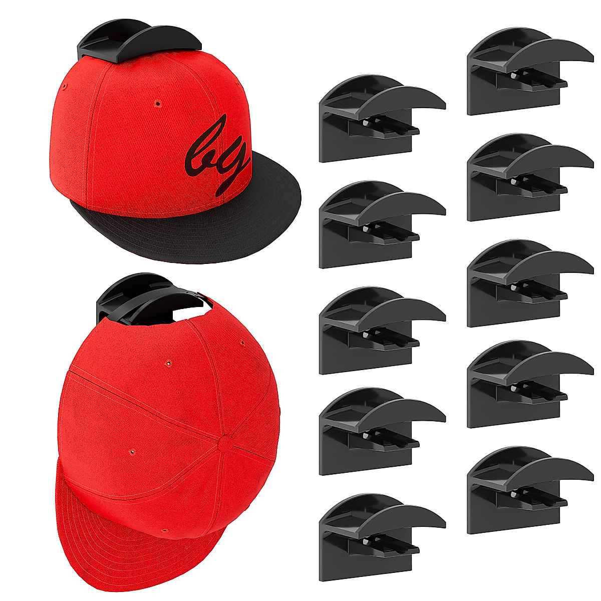 Grepad Adhesive Hat Hooks for Wall,Hat Rack for Baseball Caps Holder,10 Pack Hat Hangers for Wall Display,Hat Organizer for Wall,Door,Closet,Black