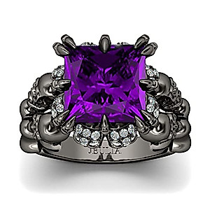 Jeulia 6.55 Carat Personalized Princess Cut Diamond Rings for Women Sterling Silver Double Row Halo Engagement Rings Black Plated Bridal Band Rings Anniversary Promise with Jewelry Gift Box (Purple, 8)