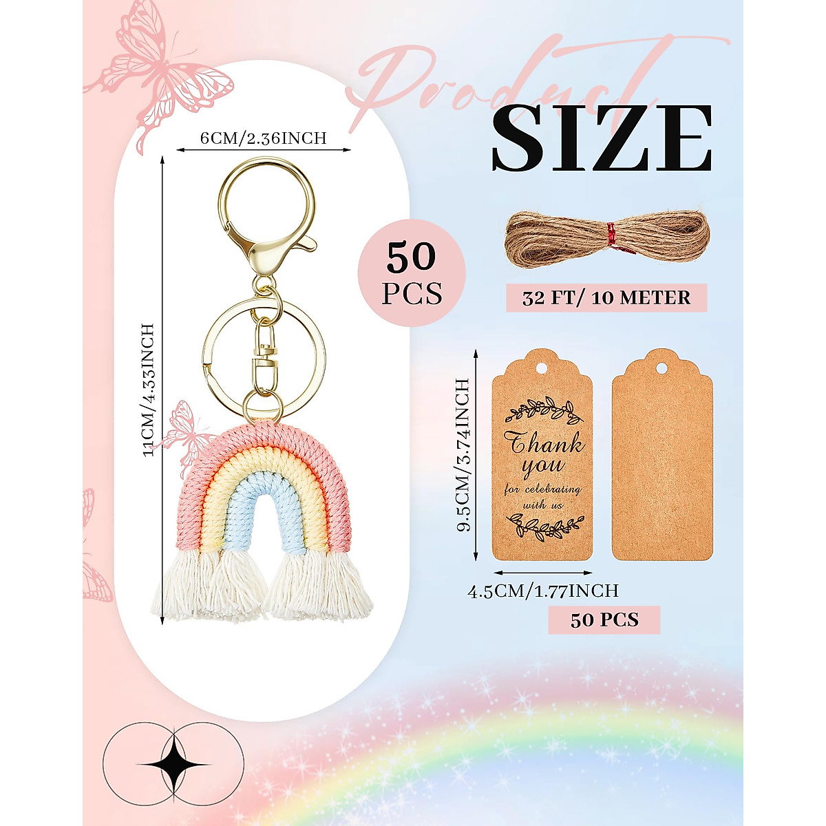 Huquary 72 Pcs Boho Keychain Set 36 Pcs Macrame Rainbow Keychains Weaving Rainbow Tassel Keychains 36 Thank You Tag for Birthday Wedding Party Favors Baby Bridal Shower Bohemian Party Supplies