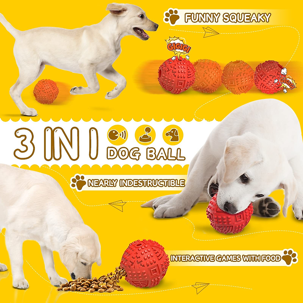 Dog Balls Treat Dispensing Dog Toys, Dog Toys for Aggressive Chewers Large Breed, Nearly Indestructible Squeaky Dog Chew Toys for Large Dogs, Natural Rubber Dog Puzzle Toys, Tough Dog Treat Ball