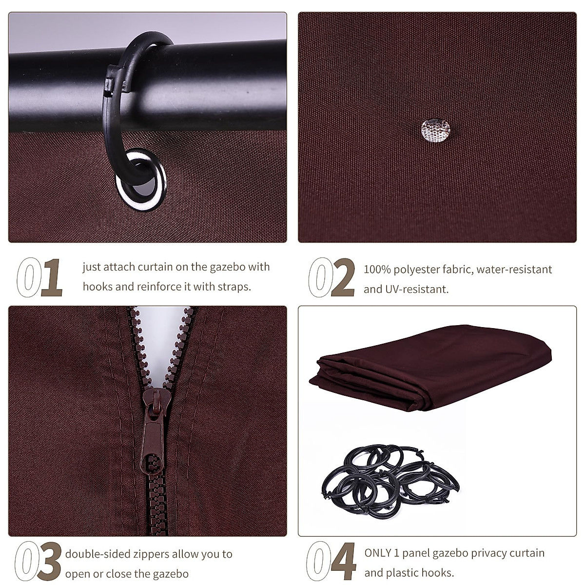 AONEAR Gazebo Privacy Curtain with Zipper Side Wall Universal Replacement for 10' x 10' Gazebo, Patio, Outdoor Canopy, Garden and Backyard,Coffee Brown (1-Panel Curtain Only)