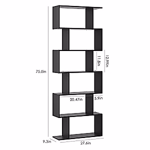 FOTOSOK 6 Tier Bookcase, S-Shaped Black Bookshelf,Tall Bookcase Freestanding Display Shelf for Bedroom, Living Room, Home Office
