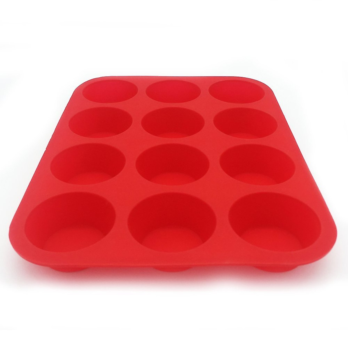 BakeWarePlus 12 Cups Silicone Muffin Cupcake Pan Baking Mold Red Non-stick Reusable and Heat Resistant