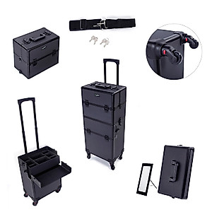 mefeir 2 in 1 Rolling Makeup Train Case, Travel Makeup Organizer Cosmetic Display Case, Aluminum Cosmetology Supply Suitcase on Wheels, Beauty Storage Luggage Lockable w/4 Removable Wheels (Black)