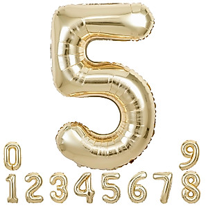 40 inch Huge white gold Number 5 Alphabet Number Balloon Foil Mylar Party Wedding Bachelorette 5th Birthday Bridal Shower Graduation Anniversary 5 Year Old Birthday party for Kids Celebration Decors