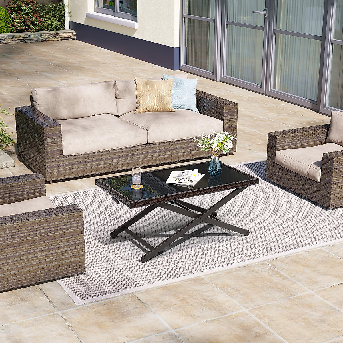 JOINHOM Patio Coffee Table Height Adjustable - Outdoor Coffee Side Table with Waterproof, Rust-Proof, Patio Tables Rectangle Coffee Tables Fit with Patio Conversation Set, Dark Brown