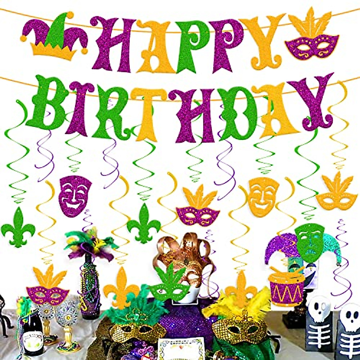 Mardi Gras Birthday Decoration Carnival Happy Birthday Banner Glitter Green Gold Purple Hanging Swirls Decor Fat Tuesday New Orleans Masquerade fleur de lis Theme Festival Party Supplies