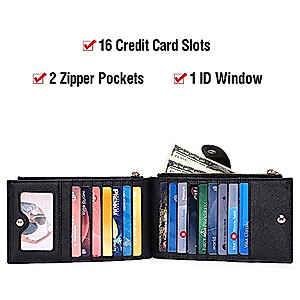 GOIACII Womens Walllet RFID Blocking Bifold Credit Card Holder with 2 Zipper Pockets Black