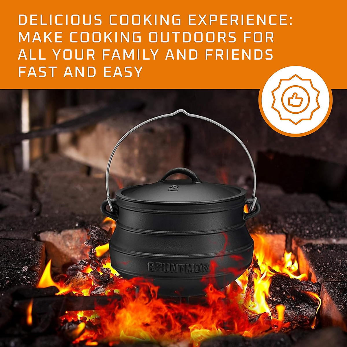 Bruntmor Pre-Seasoned Cast Iron Cauldron | African Potjie Pot with Lid | 3 Legs for Even Heat Distribution - Premium Camping Dutch oven Cookware for over-the-fire Cooking - 8 Quarts (Large)