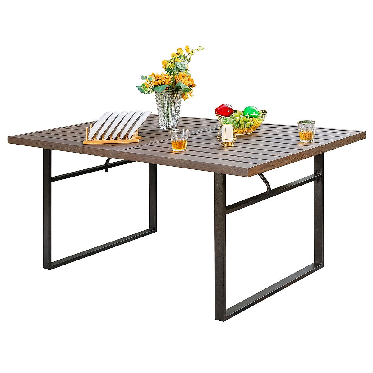 SUNSHINE VALLEY Patio Dining Table 63.8" x 38.2" x28.7" Rectangular Outdoor Dining Table with U-Shaped Legs,Steel Frame with 1.57" Umbrella Hole for Garden Backyard Lawn Yard Furniture.