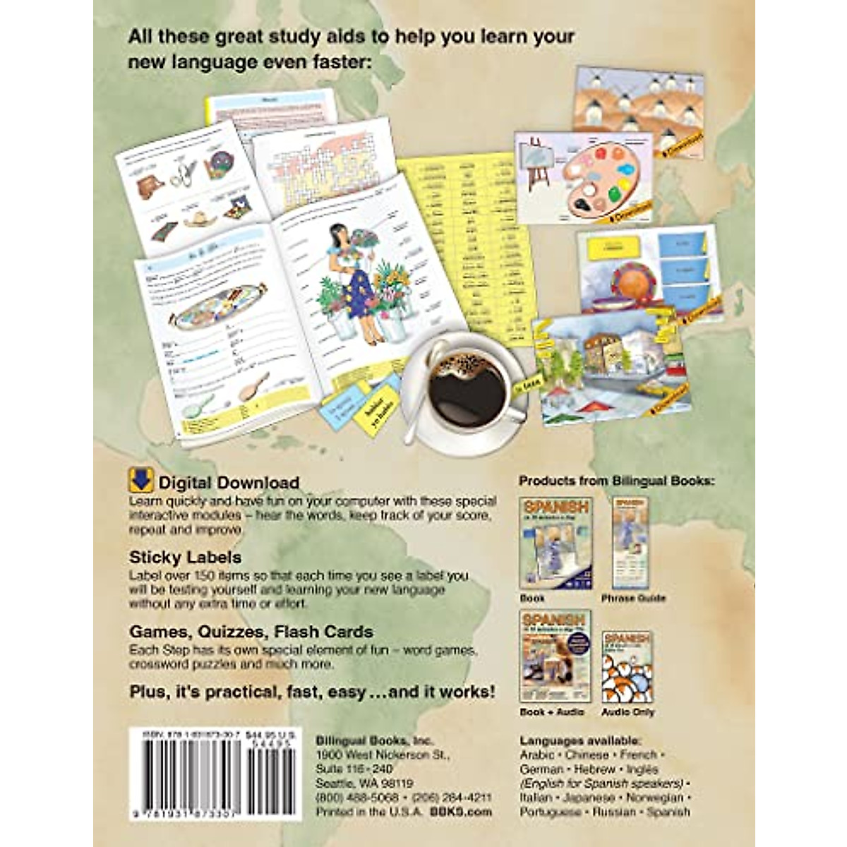 SPANISH in 10 minutes a day: Language course for beginning and advanced study. Includes Workbook, Flash Cards, Sticky Labels, Menu Guide, Software, ... Grammar. Bilingual Books, Inc. (Publisher)