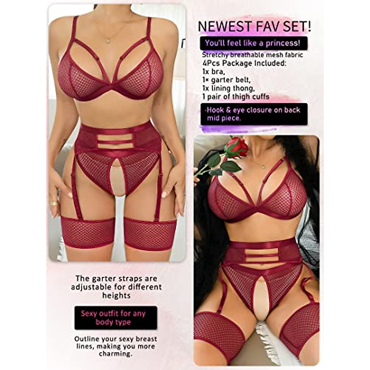 popiv 4 Piece Garter Lingerie for Women, Sexy Cutout Lingerie, Mesh Matching Lingerie Set Burgundy