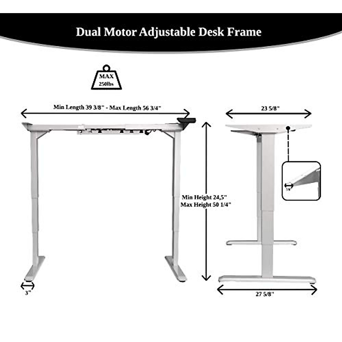 ErgoMax Adjustable Ergonomic Standing Workstation Electric Desk Frame w/Dual Motor, Tabletop Not Included, 50 Inch Max Height, Black