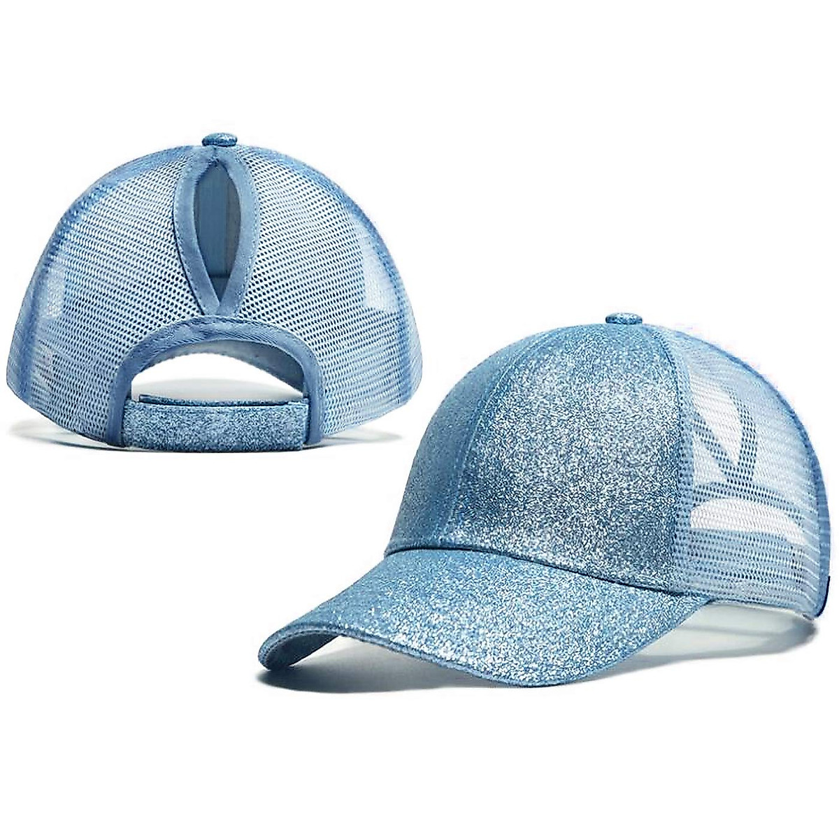 Anna-Kaci Womens Baseball Cap Glitter Ponytail Hat High Messy Bun Ponycap Trucker Dad Hat, Blue