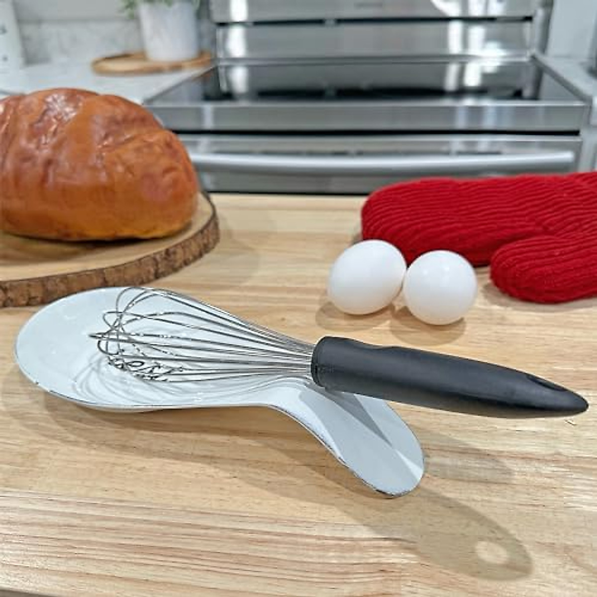 AuldHome Farmhouse White Spoon Rest, Distressed Enamel Ceramic Spoon Holder in Rustic Style