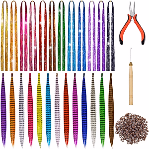 1440 Strands Hair Tinsel Kit with Tools Glitter Hair Extension Tinsel 26 Pieces 13 Colors Feather Hair Extensions Heat Resistant Synthetic Hair with 200 Micro Ring Beads for Women Cosplay Party Supply
