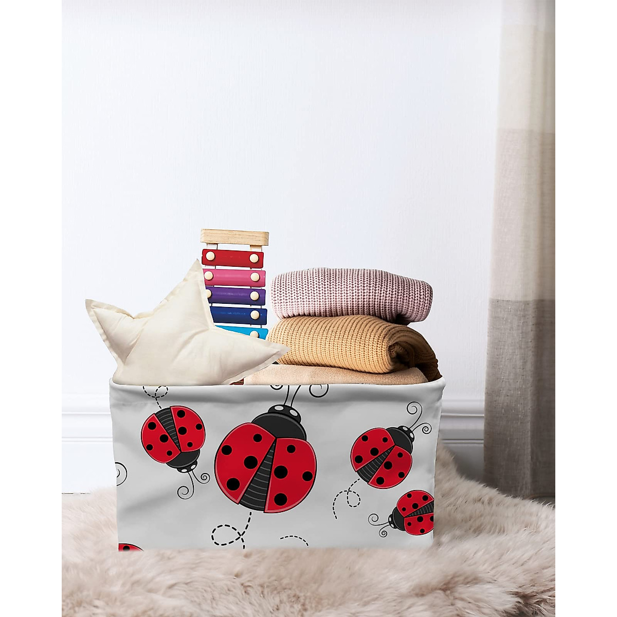Lady-bugs Cube Storage Organizer Bins with Handles, 15x11x9.5 Inch Collapsible Canvas Cloth Fabric Storage Basket, Red Minimalistic Abstract White Books Bin Boxes for Shelves, Closet