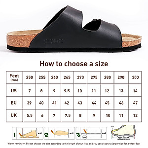 KLUKGE Mens Cork Sandals,Adjustable Buckle Leather Non-Slip Slippers Women's Flat Slide Cork Footbed Sandals Unisex Shoes, Arch Support(Black US 12)
