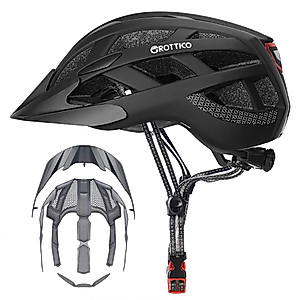 Adult-Men-Women Bike Helmet with Light - Mountain Road Bicycle Helmet with Replacement Pads & Detachable Visor (Matte Black, M(21.6-22.8 in/55-58cm))