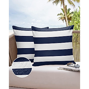 Nautical Stripe Outdoor Waterproof Throw Pillow Covers, Decorative Pillowcases Polyester Cushion Covers for Garden Patio Tent Sofa Couch Pack of 2 16x16 inch, Navy Blue White Stripes