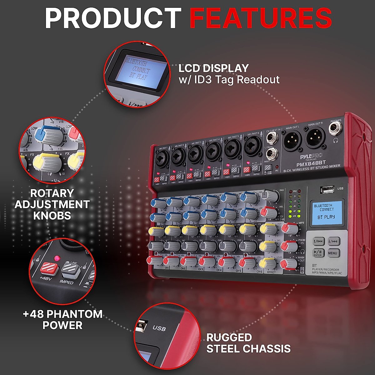 Pyle Professional Wireless DJ Audio Mixer - 8-Channel Bluetooth Compatible DJ Controller Sound Mixer w/USB Port, 6 Mic/Line Input, ¼” Mono/Stereo Input, Headphone Jack, 48V Phantom Power - PMX848BT