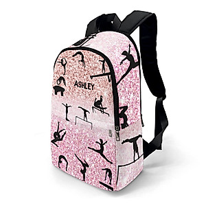 Personalized Name Gymnastics Gem Gymnast Girl Rainbow Pink Glitter Backpack Unisex Bookbag for Boy Girl Travel Daypack Bag Purse 17.7 IN