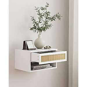Floating Nightstand, Small Modern Floating Nightstand with Drawer, Floating Shelves for Bedroom, Bathroom (White Rattan)