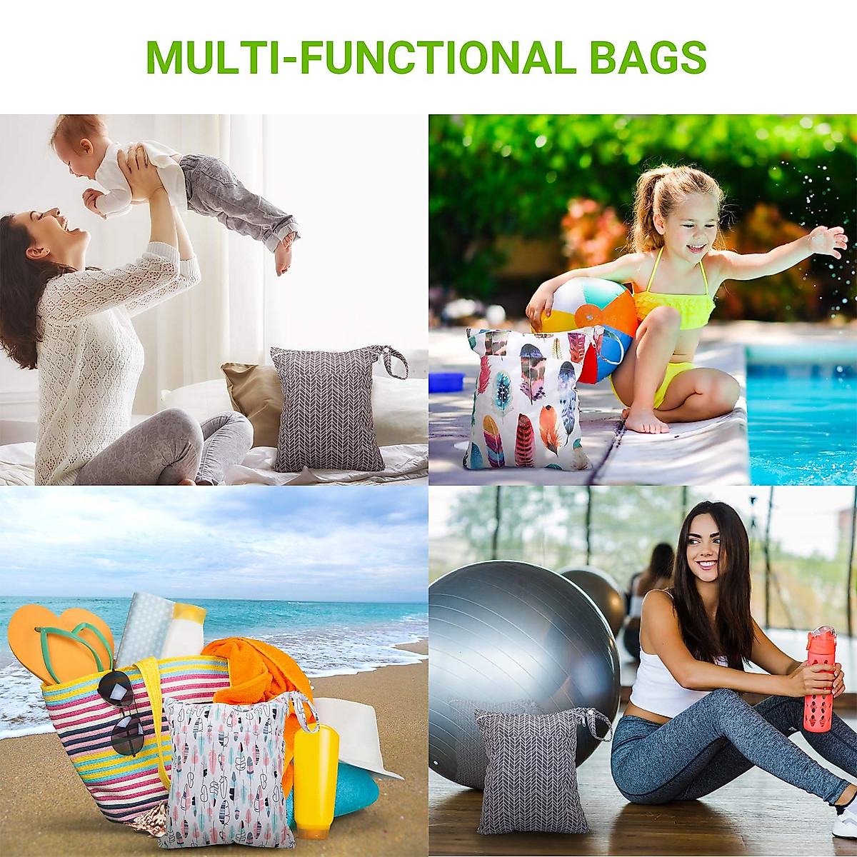 TRENSOM Wet Bag for Cloth Diapers Waterproof Reusable Bags with Two Zippered Pockets Ins Feathers Wet Dry Bag Travel Beach Pool Yoga Gym Bag for Pump Swimsuits Wet Clothes 3pcs