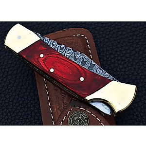 Smart & Sharp Custom Handmade Damascus Steel Folding Knife/Pocket Knife AR-17394 (Red Colored wood) (Red)